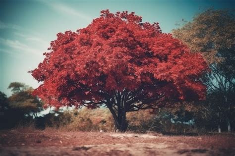 Premium AI Image A Red Tree In The Fall With A Blue Sky Behind It
