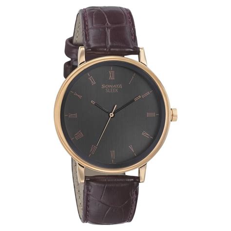 Buy Online Sonata Quartz Analog Anthracite Dial Leather Strap Watch For