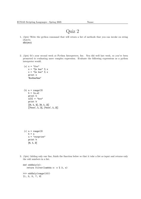 Python Quiz 2 Ecs145 Scripting Languages Spring 2005 Quizzes Computer Science Docsity