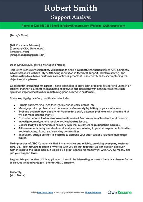 Support Analyst Cover Letter Examples Qwikresume