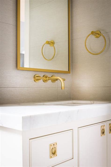 White And Gold Bathroom With Brass Inset Vanity Hardware Transitional