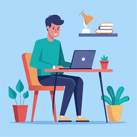 Premium Vector A Man Is Seated At A Desk Actively Working On A Laptop Man Sitting At Table