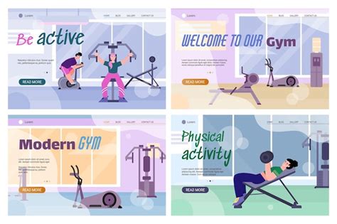 스포츠 시뮬레이터에서 신체 운동을 하는 사람들이 있는 체육관 내부 프리미엄 벡터