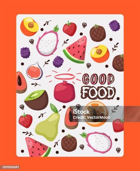 고립 된 아이콘 벡터 일러스트와 과일 포스터입니다 소책자 커버 유기농 제품 패키지 라벨 신선한 육즙이 많은 열대 과일 수박 조각 오렌지 무화과 복숭아 피타야 0명에 대한