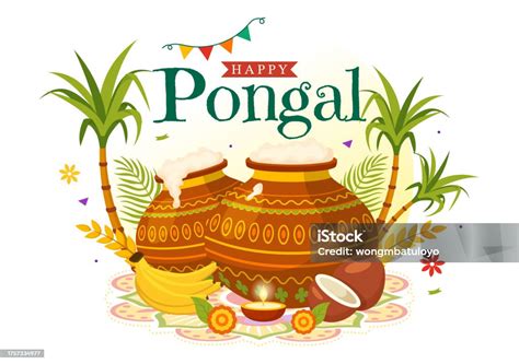 행복 퐁갈 벡터 일러스트 와 전통적인 타밀 나두 인도 축제 축하 와 사탕수수 와 접시 와 편평한 배경 에서 종교적인 소품의 접시 Makar Sankranti에 대한 스톡