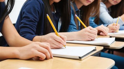 Closeup Of Female Student Hands Writing Class Room Stock Illustration