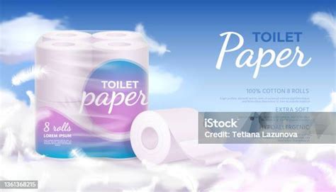 사실적인 부드러운 화장지 구름 깃털이 달린 광고 배너 플라스틱 패키지 벡터 개념으로 위생 일회용 냅킨 롤 화장실 휴지에 대한 스톡 벡터 아트 및 기타 이미지 Istock