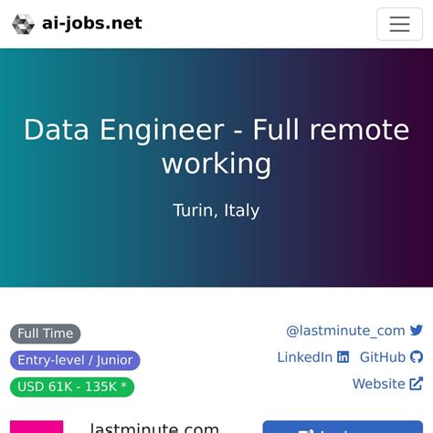 Hiring Data Engineer Full Remote Working In Turin Italy Raimljobs