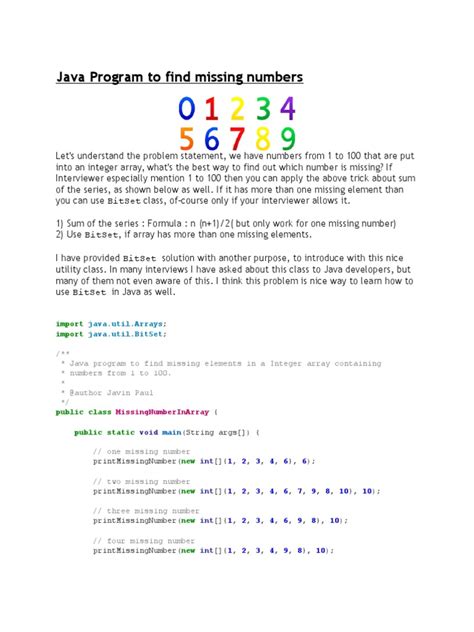 Java Program To Find Missing Numbers Pdf Integer Computer Science Array Data Structure