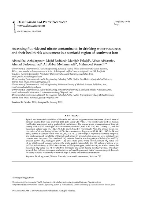 Pdf Assessing Fluoride And Nitrate Contaminants In Drinking Water Resources And Their Health