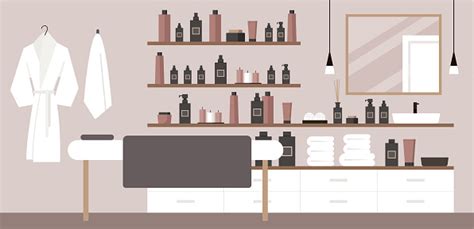 스파 살롱 인테리어 현대적인 욕실 디럭스 호텔 마사지 스위트 조명 샹들리에 수건 목욕 가운 화장품 샴푸 거울 로프트 인테리어 가정의 방에 대한 스톡 벡터 아트 및 기타