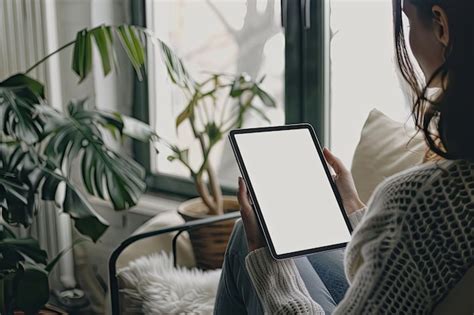 Close Up View Of Woman Using Mock Up Tablet While Sitting On A Chair On