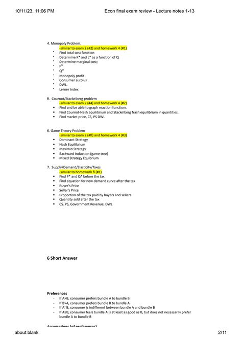 SOLUTION Intermediate Microeconomic Analysis ECON 302 Final Exam Review Lecture Notes 1 13