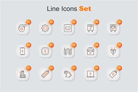 라인 배터리 충전 노트북 전기 장갑 확장 전기 기사 플러그 도구 상자 전기 기사 및 케이블 아이콘을 설정합니다 벡터 0명에 대한