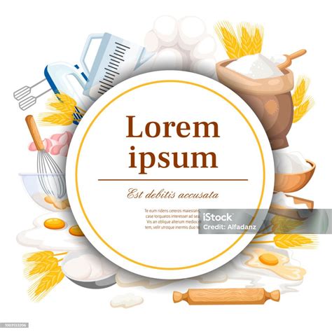 베이킹 재료와 주방 도구 플랫 기구 컬렉션입니다 라운드 카드 디자인입니다 카드와 광고에 대 한 개념입니다 텍스트에 대 한 장소를