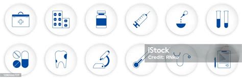 의료 아이콘 집합입니다 응급 처치 키트 청진기 알약 주사기 치아 현미경 분석이있는 테스트 튜브 의사 결론 흰색 배경에 네오모프 스타일의 벡터 간호사에 대한 스톡 벡터 아트