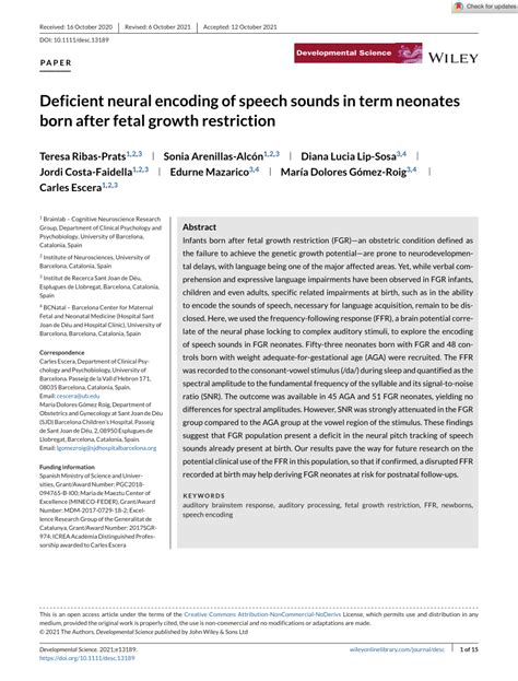 Pdf Deficient Neural Encoding Of Speech Sounds In Term Neonates Born After Fetal Growth
