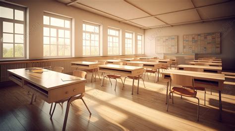 나무 책상과 의자가 있는 빈 교실의 3d 렌더링 나무 책상 배경 학교 수업 배경 교실 의자 배경 이미지 Hd 나무 책상