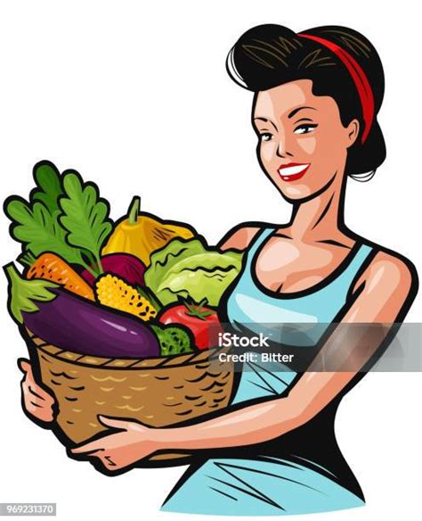 채소의 전체 바구니를 들고 아름 다운 여자입니다 신선한 음식 건강 한 식습관 농장 개념입니다 만화 벡터 일러스트 레이 션 농부에 대한 스톡 벡터 아트 및 기타 이미지
