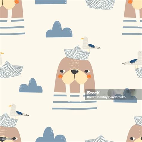 노란색 배경에 종이 보트에 귀여운 월러스와 갈매기의 원활한 패턴 직물 포장 용지 엽서 포스터 배너에 인쇄하기위한 벡터 그림