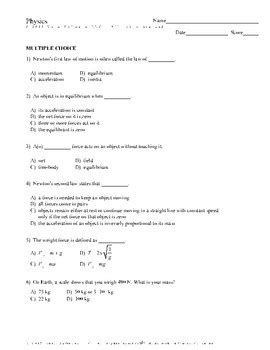 Physics Newton S Laws Of Motion Quiz Or Worksheet TpT