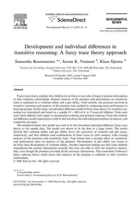 Pdf Development And Individual Differences In Transitive Reasoning A Fuzzy Trace Theory Approach