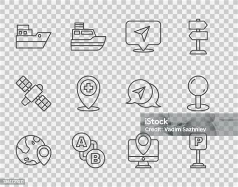 전 세계 라인 위치 설정 주차 도시지도 탐색의 인포 그래픽 경로 위치 선박 라인 경로 크로스 병원 모니터 마커 및 푸시 핀 아이콘 벡터 거리에 대한 스톡 벡터 아트 및 기타