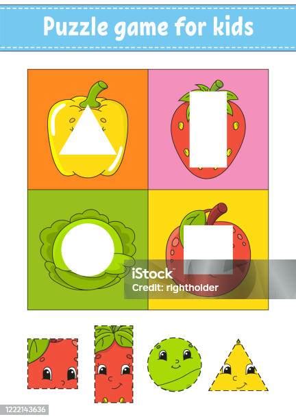 아이들을위한 퍼즐 게임 절단 연습 과일과 야채 교육 개발 워크 시트 활동 페이지 만화 캐릭터 가위에 대한 스톡 벡터 아트 및 기타 이미지 Istock