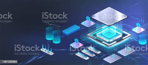 아이소메트릭의 Cpu 마이크로칩 배너 미래형 프로세서 마이크로칩 3차원 형태에 대한 스톡 벡터 아트 및 기타 이미지 3차원 형태 Cpu 가상현실 Istock