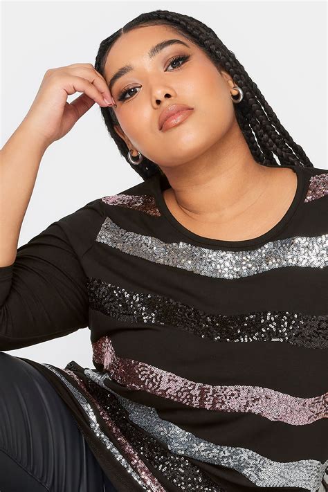 Yours Plus Size Black Sequin Embellished Stripe Top Yours Clothing