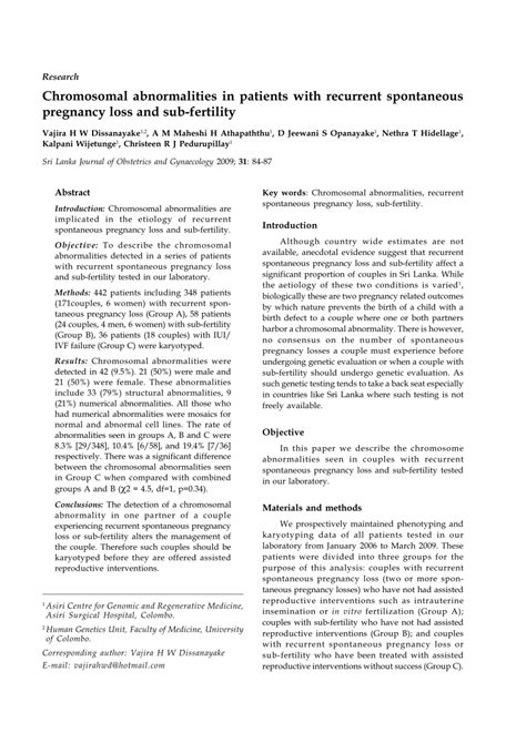 Pdf Chromosomal Abnormalities In Patients With Recurrent Spontaneous Pregnancy Loss And Sub