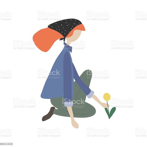 귀여운 소녀 봄 여름 원 예 젊은 성인 여성은 꽃 근처 땅에 앉아있다 정원 작업하기 심기 성장 새싹 이식 여성 캐릭터 벡터 그림입니다 플랫 만화 스타일 낙서 드로잉에 대한