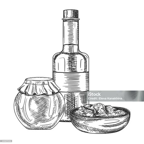 토마토 소스 유리 항아리 및 접시와 함께 벡터 그림 주방 용품 도구 접시 요리 재료 농산물 손으로 그린 그림 라인 블랙 아트 고립 된 배경 건강한 생활방식에 대한 스톡 벡터