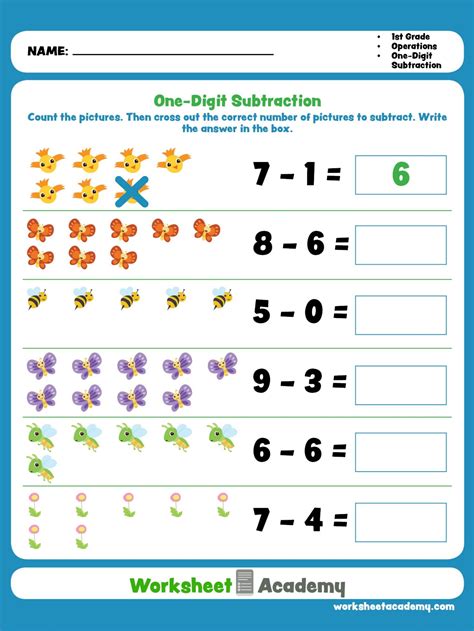 One Digit Subtraction Subtraction First Grade Math Worksheets Math Worksheets