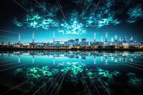 Double Exposure Of Cityscape At Night And Global Network Connection Concept Generative Ai