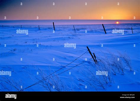 Sunset Over Snowy Fields Winter On Northern Great Plains In Mercer