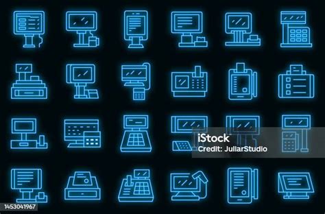 터치 스크린 금전 등록기 아이콘은 윤곽선 벡터를 설정합니다 포인트 판매 벡터 네온 가리키기에 대한 스톡 벡터 아트 및 기타