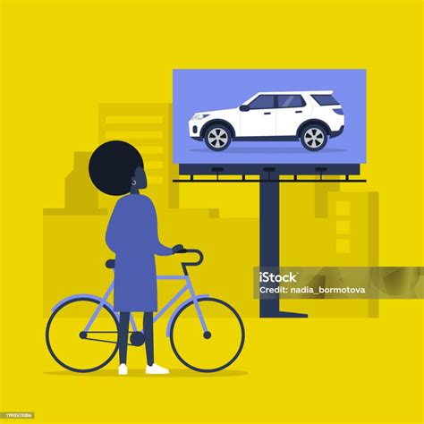 자동차 딜러 광고 타겟 오디언스 미디어 캠페인으로 광고판을 바라보는 젊은 아프리카 여성 캐릭터 판매에 대한 스톡 벡터 아트 및