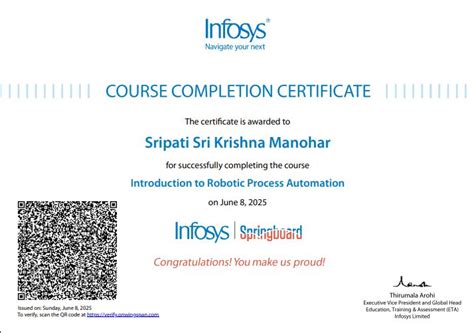Completed Rpa Course By Infosys Springboard Sripati Sri Krishna Manohar Posted On The Topic