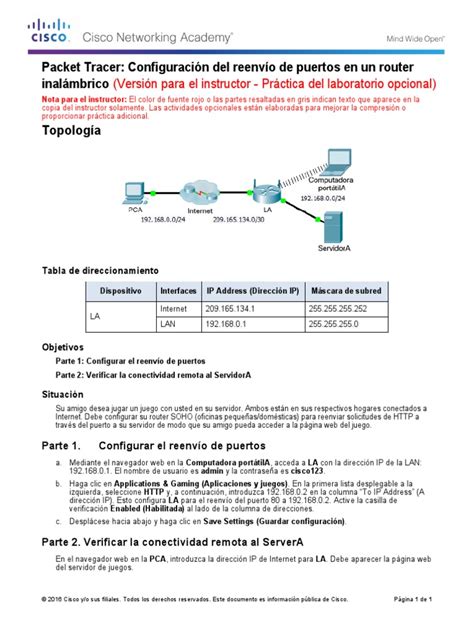 9 2 4 4 Packet Tracer Configuring Port Forwarding On A Wireless Router Instructions Ilm Pdf