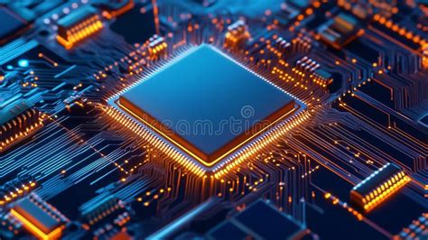 Intricate Details Of A Microchip Showcase Advanced Circuitry And Glowing Components In A High