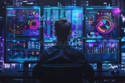 A Scientist In A Laboratory Analyzes Data On Multiple Screens While Concentrating On Graphs