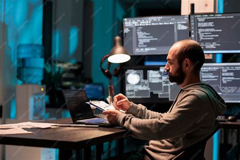 Premium Photo App Programmer Comparing Data On Papers And Multple