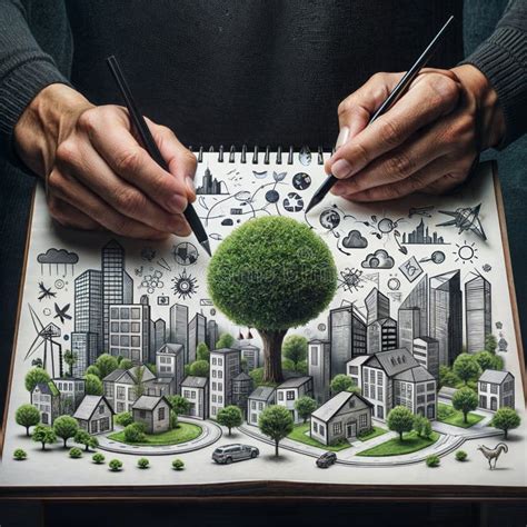 Person Sketching A Sustainable Green City Concept With Eco Friendly