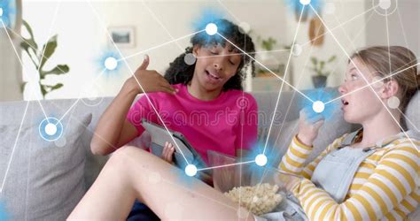 Animation Of Network Of Connections Over Diverse Women Using Tablet Stock Footage Video Of