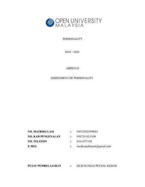 Personality Assignment Personality May 2020 Abpd Assignment Of