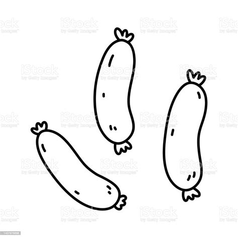 흰색 배경에 고립 된 소시지 돼지 고기 또는 쇠고기 고기 진미 낙서 스타일의 벡터 손으로 그린 일러스트레이션 조리법 장식 로고 메뉴 다양한 디자인에 적합합니다 가공육에 대한