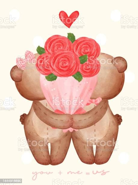 귀여운 커플 테디 베어 인형 뒤에 키스 장미 꽃다발 사랑스러운 만화 수채화 손으로 그린 벡터 일러스트 레이 션 안기에 대한 스톡 벡터 아트 및 기타 이미지 Istock