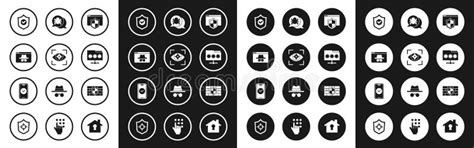 Set Eye Scan System Bug Laptop Protected With Shield And Browser Exclamation Mark Icon Vector