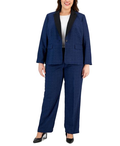 Le Suit Plus Size Contrast Collar Windowpane Check Pantsuit In Celeste Blue Multi Modesens